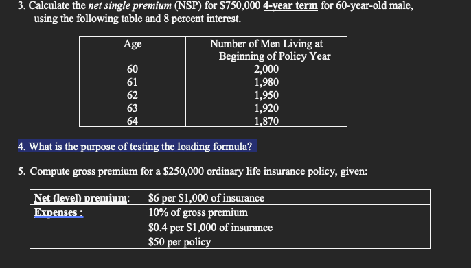 Solved 3. Calculate the net single premium (NSP) for | Chegg.com