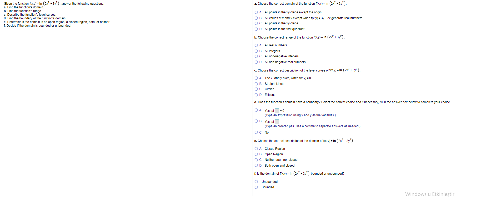 Solved a. Choose the correct domain of the function f(x,y) = | Chegg.com