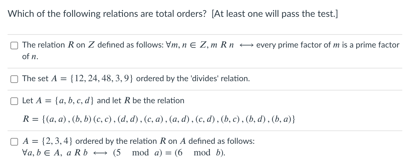 Solved Which of the following relations are total orders? | Chegg.com
