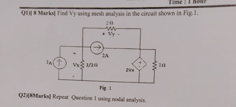 Solved Time: 1 hour Q1) 8 Marks] Find Vy using mesh analysis | Chegg.com