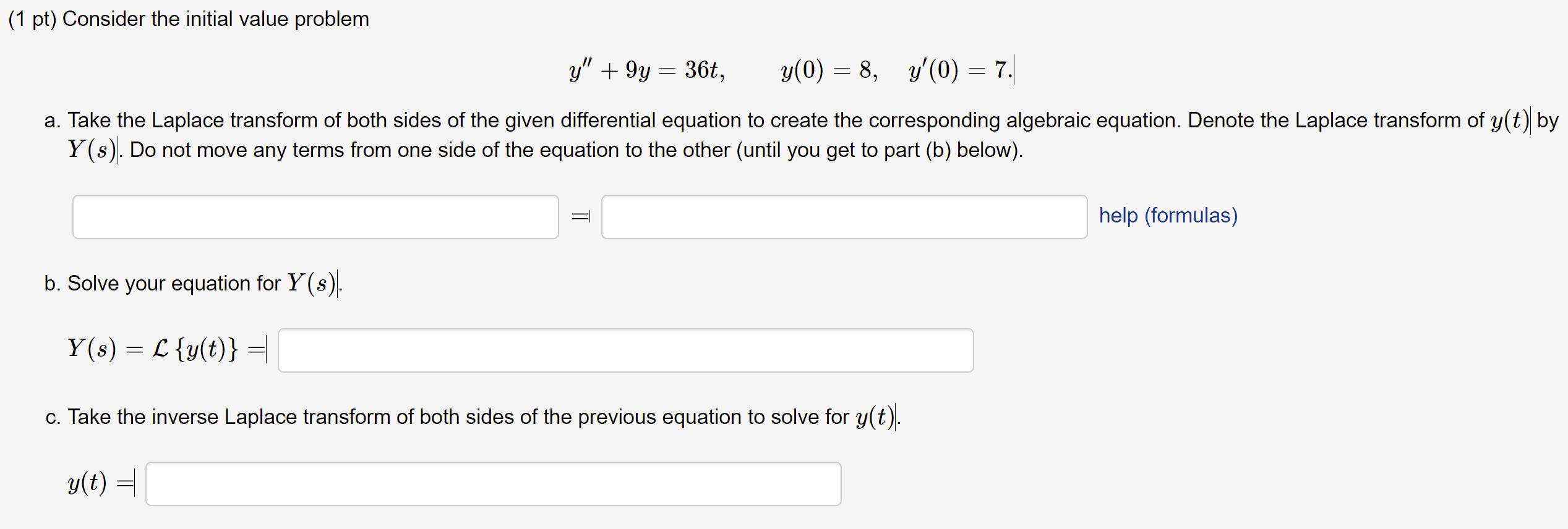 Solved (1 pt) Consider the initial value problem y" + 9y = | Chegg.com
