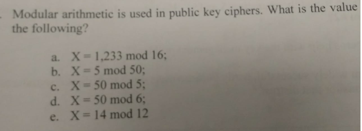 Solved - Modular arithmetic is used in public key ciphers. | Chegg.com