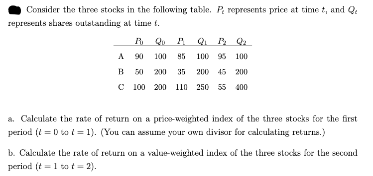 Solved Consider the three stocks in the following table. Pt | Chegg.com