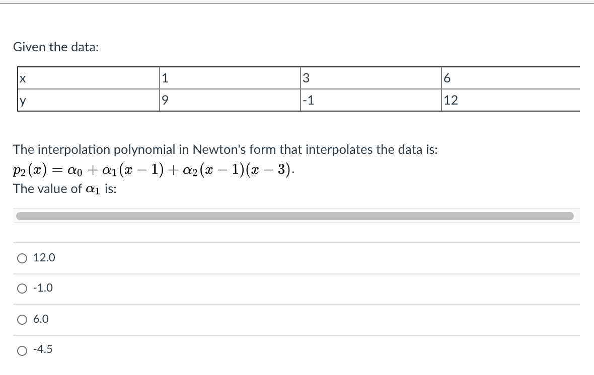 Solved Given the data: X 1 3 6 у 9 -1 12 The interpolation | Chegg.com