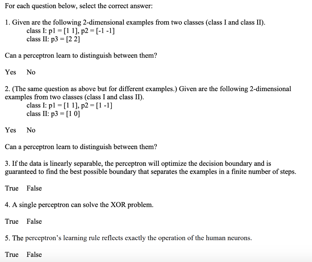 Solved Exercise 1. Perceptron learning (Homework) For each | Chegg.com
