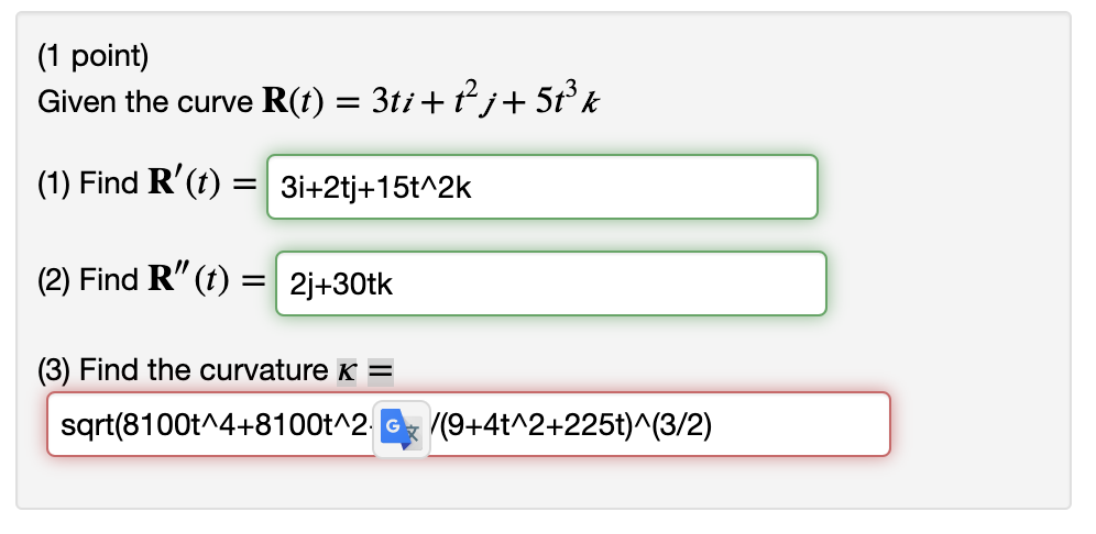 Solved (1 point) Given the curve R(t) 3t/+ /+ 5t3k (1) Find | Chegg.com