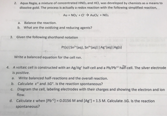 Solved 2. Aqua Regia, a mixture of concentrated HNOs and | Chegg.com