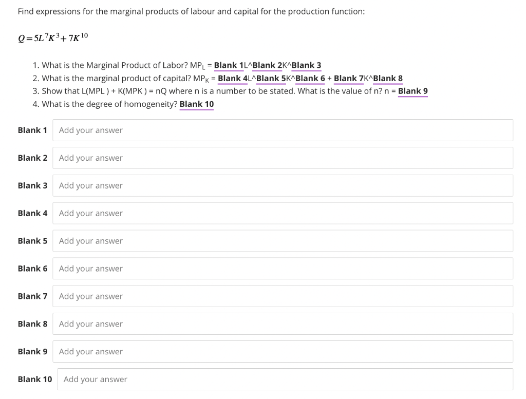 Solved Find expressions for the marginal products of labour | Chegg.com