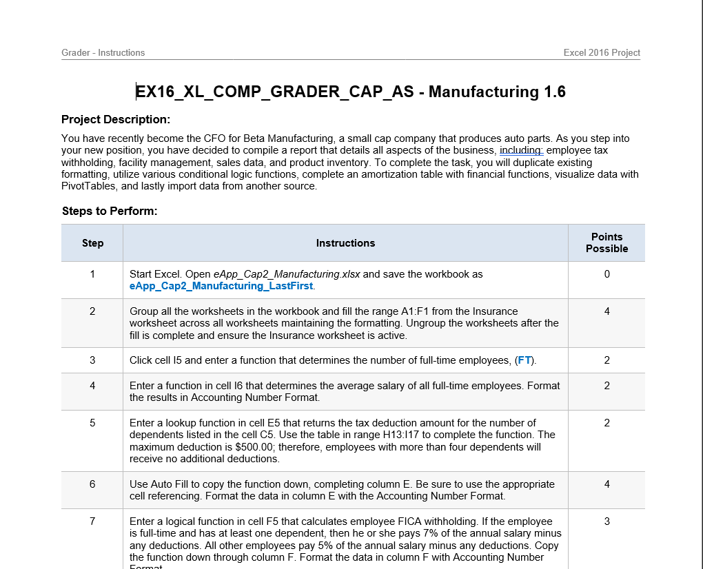 Grader - Instructions Excel 2016 Project | Chegg.com