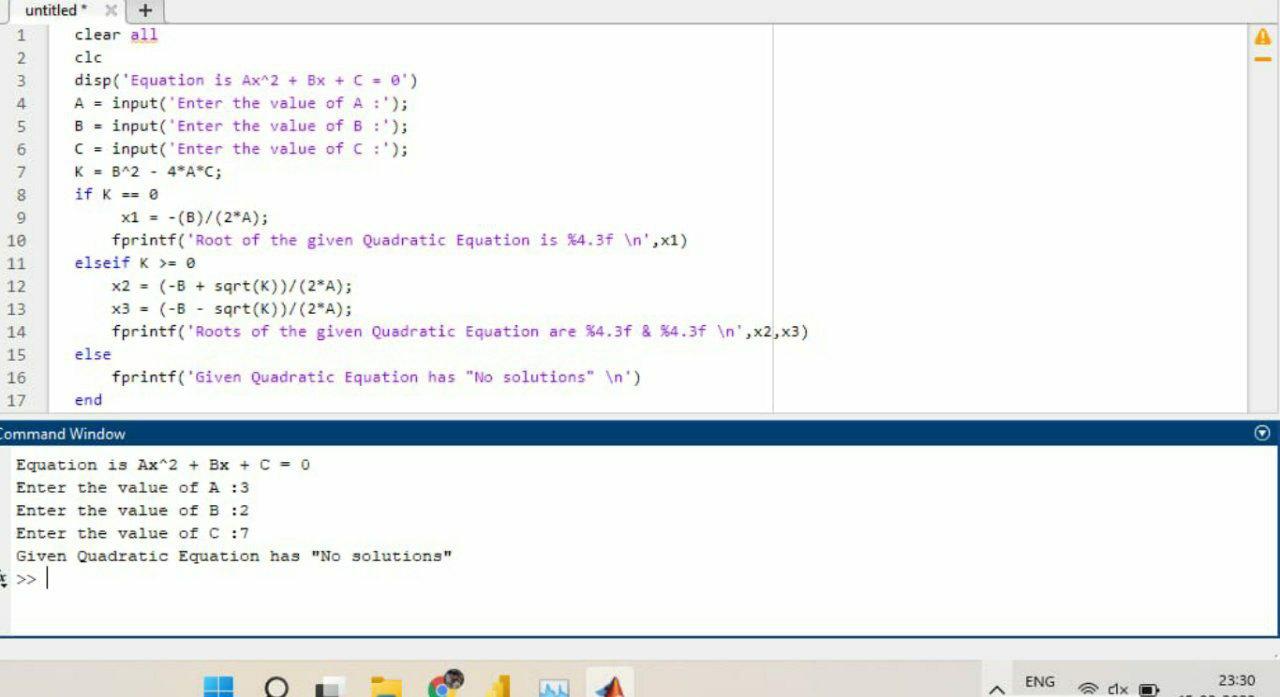 A untitled + clear all clc disp('Equation is Ax^2 + | Chegg.com
