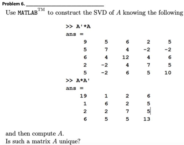 Problem 6. TM Use MATLAB to construct the SVD of A | Chegg.com