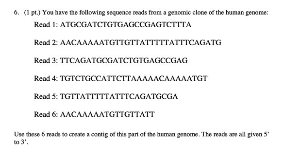 Solved 6. (1 pt.) You have the following sequence reads from | Chegg.com