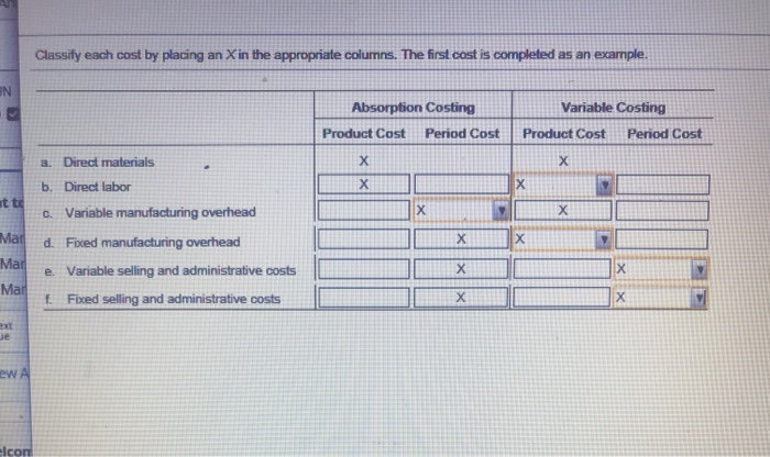 Solved Classify each cost by placing an X in the appropriate | Chegg.com
