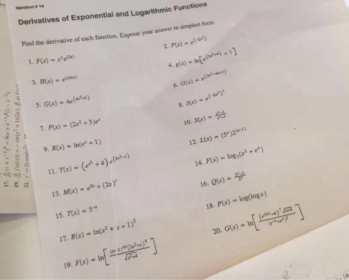 Solved Handout # 14 Derivatives of Exponential and | Chegg.com