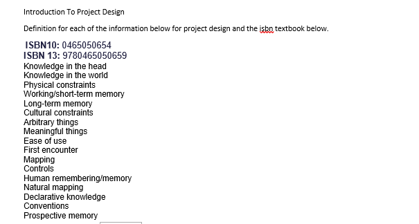 Solved Introduction To Project Design Definition for each of | Chegg.com