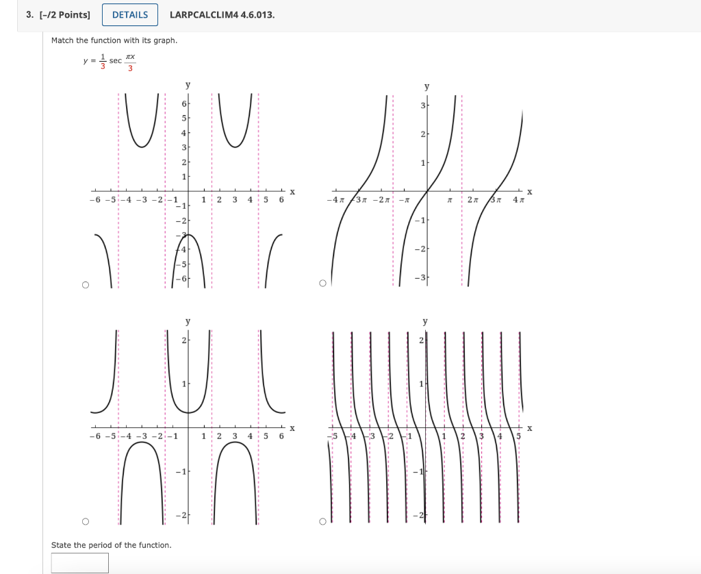 Solved Match the function with its graph. y=31sec3πx State | Chegg.com