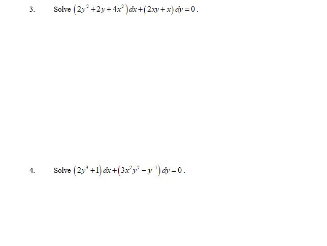 Solved 3. Solve (2y2 +2y + 4x) dx +(2xy + x) dy = 0. 4. | Chegg.com