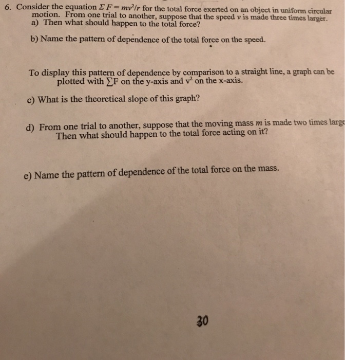 Solved 6. Consider the equation Σ F-mv2/r for the total | Chegg.com
