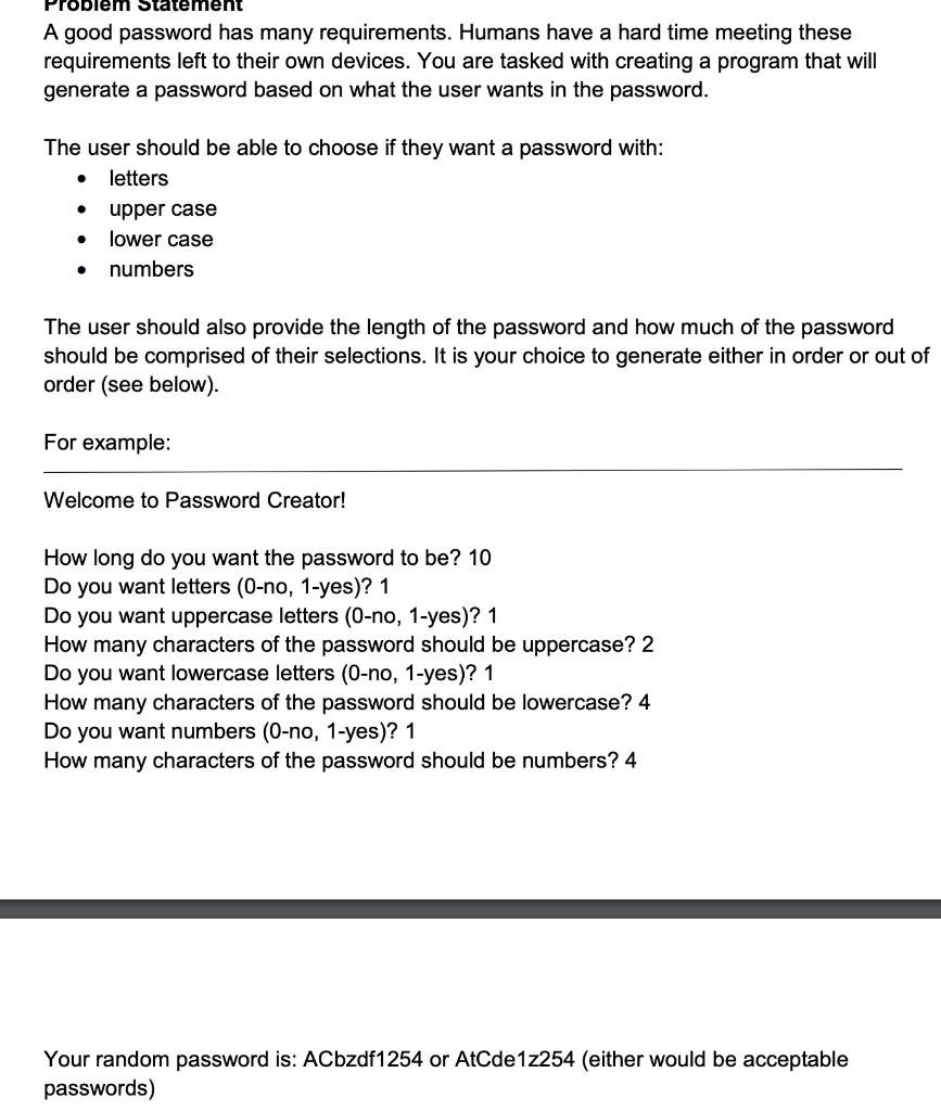 Problem Statement A good password has many | Chegg.com