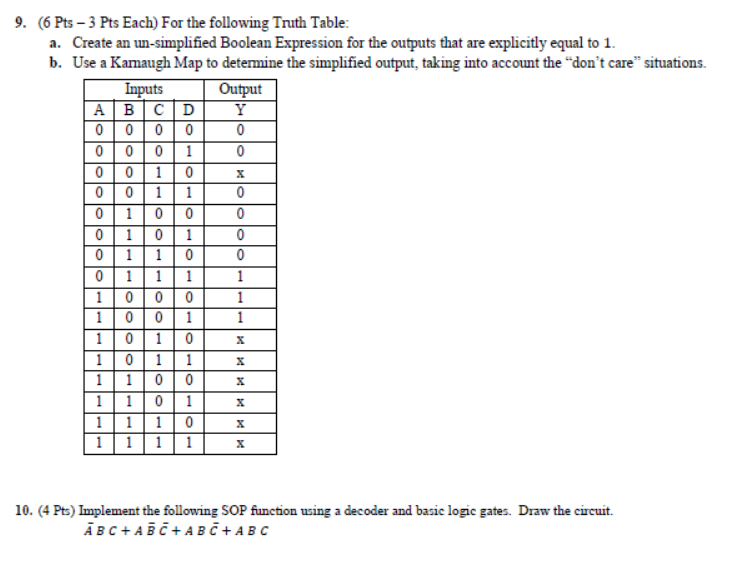Solved 9. (6 Pts -3 Pts Each) For the following Truth Table: | Chegg.com