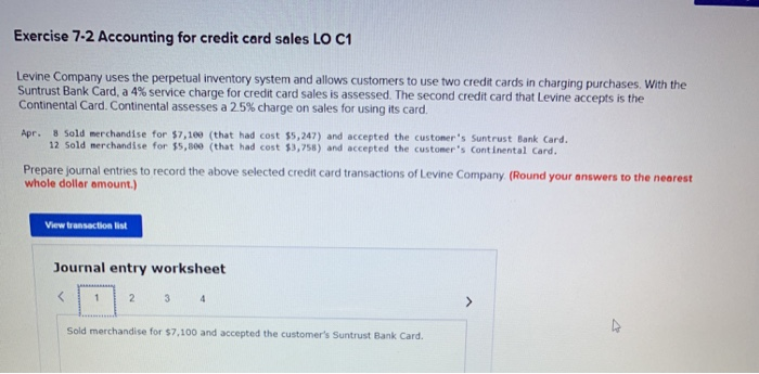 Solved Exercise 7-2 Accounting for credit card sales LO C1 | Chegg.com