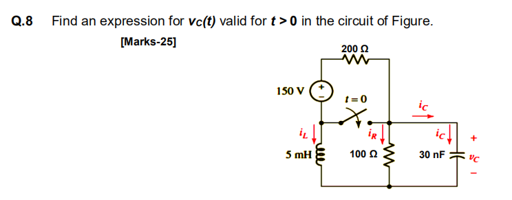 Solved Q.8 Find an expression for vc(t) valid for t> 0 in | Chegg.com