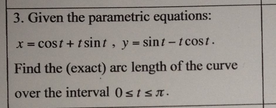 Solved 3. Given the parametric equations: x = cost + tsint , | Chegg.com