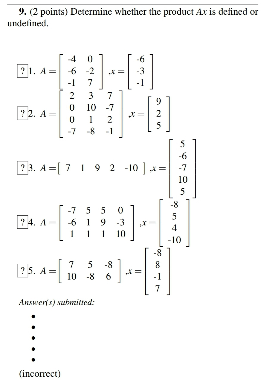 Solved 9. (2 points) Determine whether the product Ax is | Chegg.com