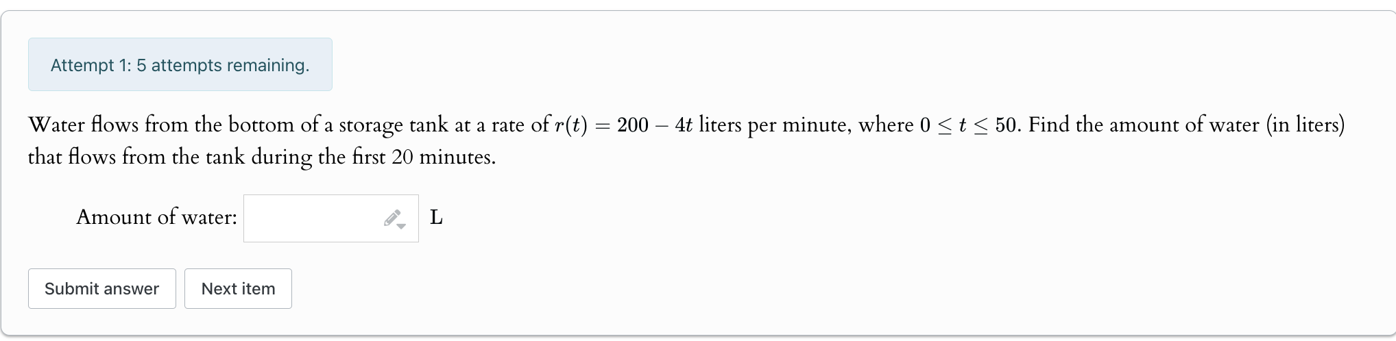 Solved Attempt 1: 5 ﻿attempts remaining.Water flows from the | Chegg.com