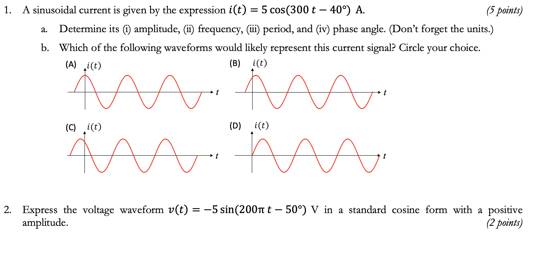 Solved A sinusoidal current is given by the expression | Chegg.com