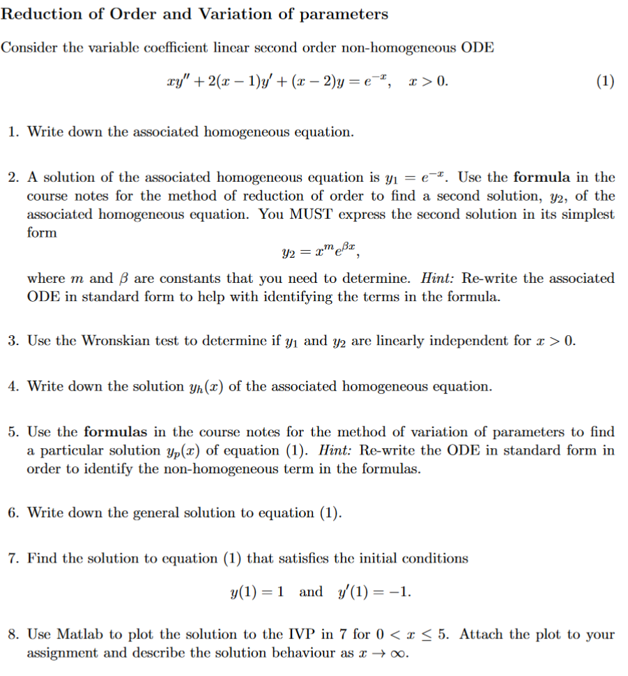 Solved Reduction of Order and Variation of parameters | Chegg.com Solved Reduction of Order and Variation of parameters | Chegg.com