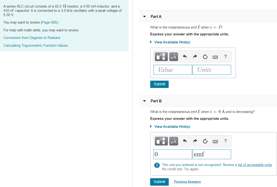Solved Part C What is the instantaneous emf E when i = - I? | Chegg.com