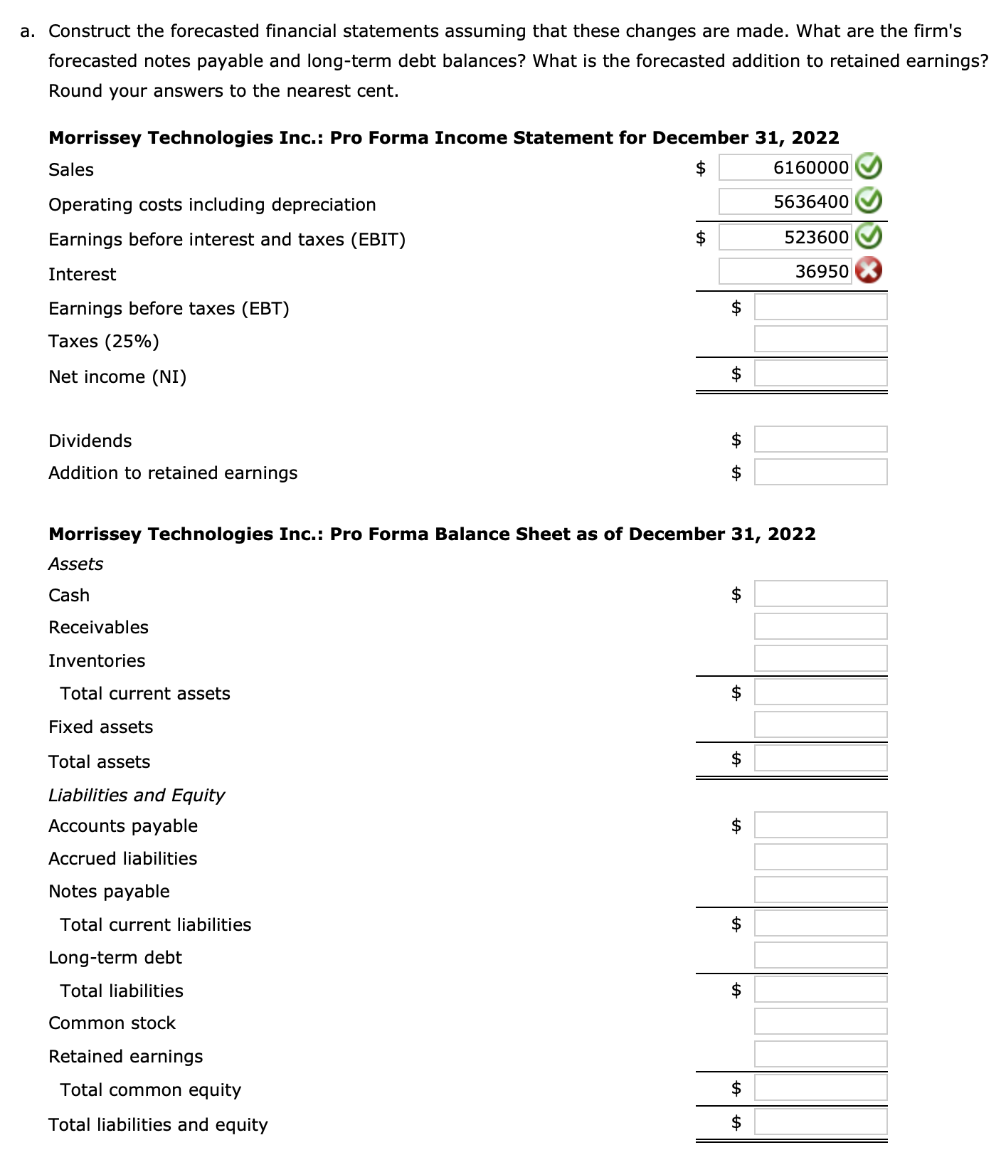 a. Construct the forecasted financial statements | Chegg.com