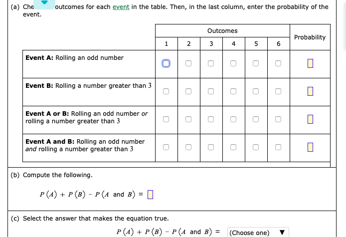 Solved (a) Che event. outcomes for each event in the table. | Chegg.com