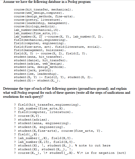 Assume we have the following database in a Prolog | Chegg.com