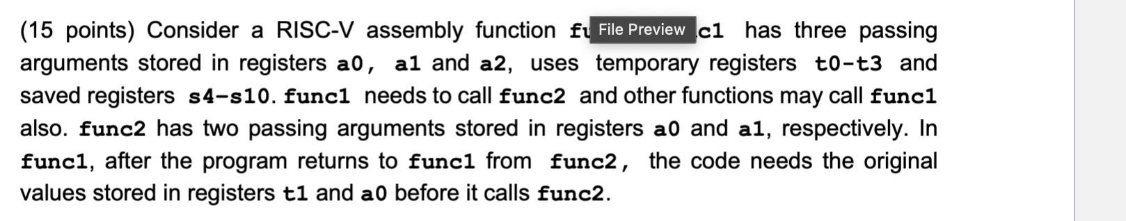 Solved (15 points) Consider a RISC-V assembly function f1c1 | Chegg.com Solved (15 points) Consider a RISC-V assembly function f1c1 | Chegg.com