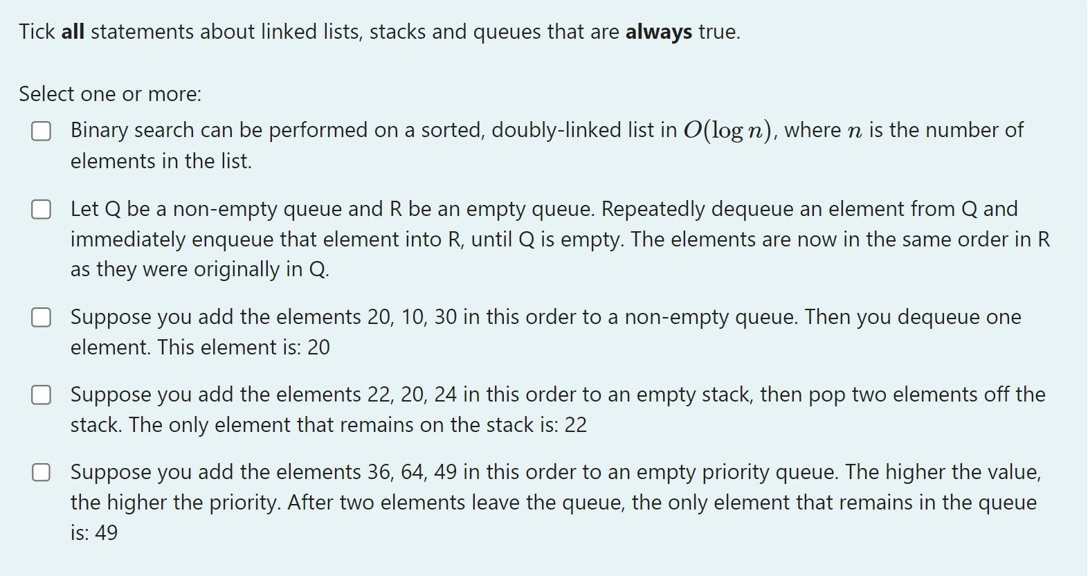 Solved Tick all statements about linked lists, stacks and | Chegg.com