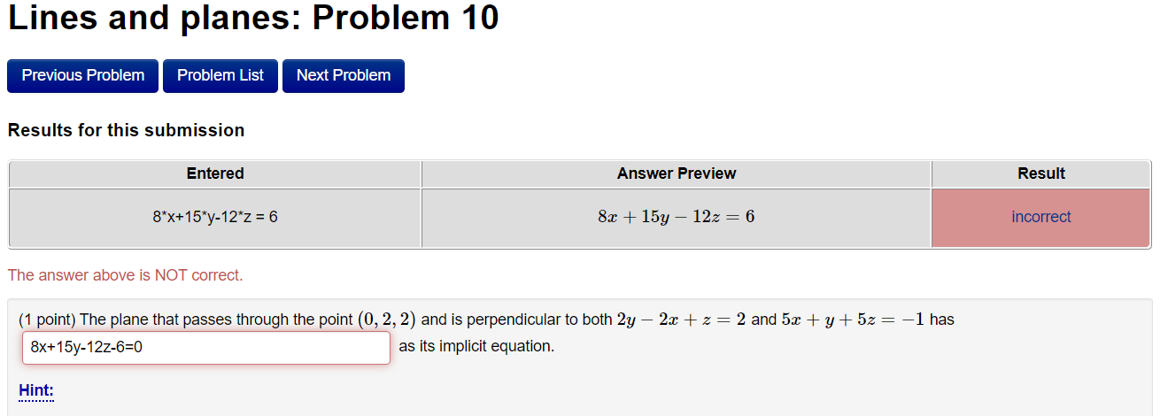 Solved Lines and planes: Problem 10 Previous Problem Problem | Chegg.com