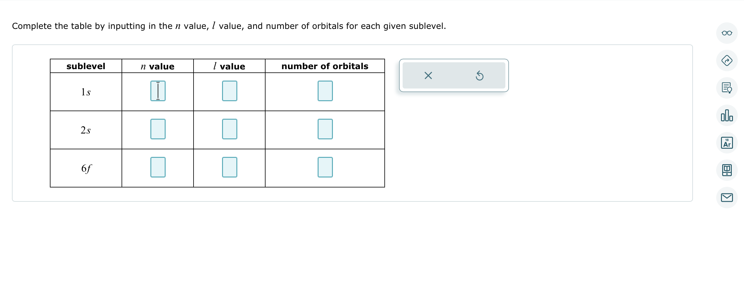 Solved Complete the table by inputting in the n value, l | Chegg.com