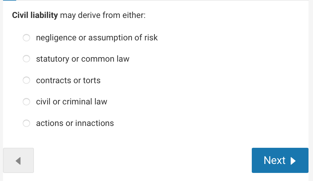 Solved Civil liability may derive from either: negligence or | Chegg.com
