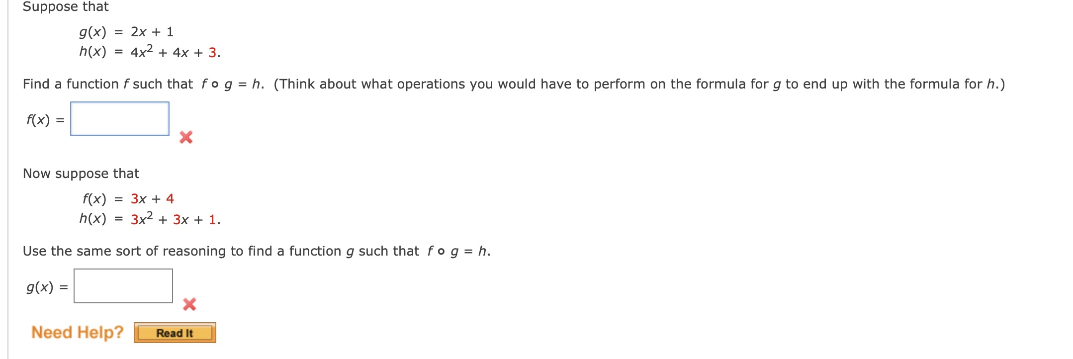 Solved Suppose thatg(x)=2x+1h(x)=4x2+4x+3Find a function f | Chegg.com