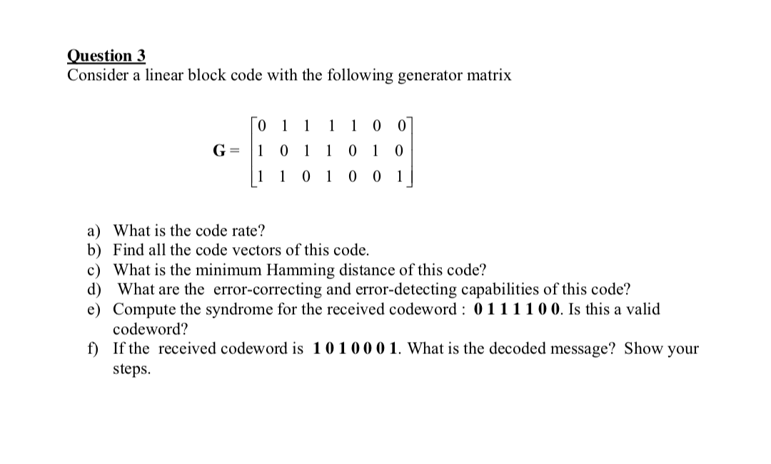 Solved Question 3 Consider a linear block code with the | Chegg.com