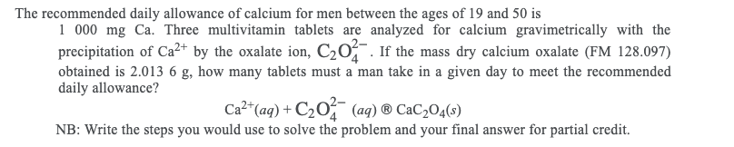 Solved The recommended daily allowance of calcium for men | Chegg.com