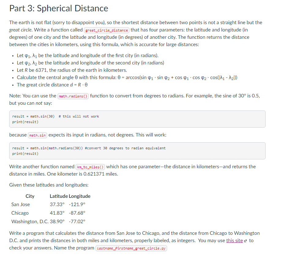 Solved Part 3: Spherical Distance The earth is not flat | Chegg.com