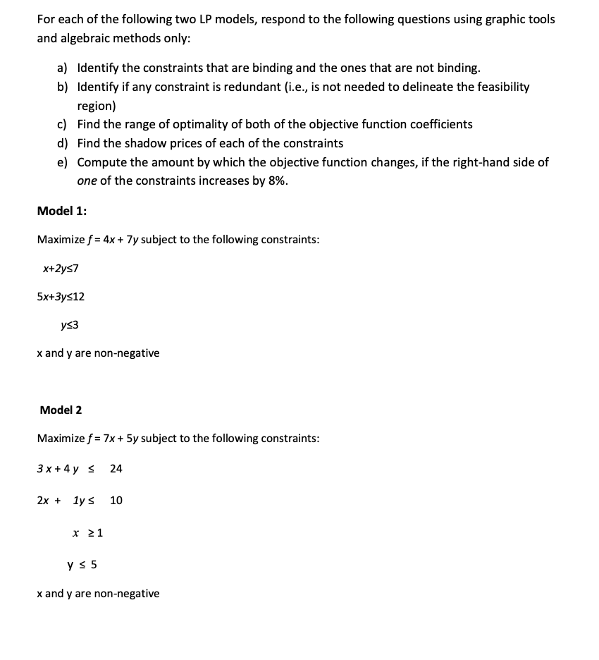 Solved For each of the following two LP models, respond to | Chegg.com