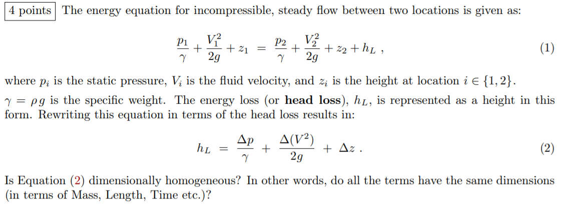 Solved 4 points The energy equation for incompressible, | Chegg.com