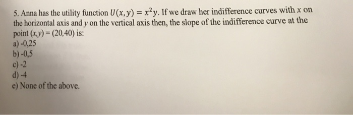 Solved 5. Anna has the utility function U(x,y)-2y. If we | Chegg.com