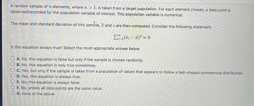 Solved A random sample of n elements, where n>1, is taken | Chegg.com