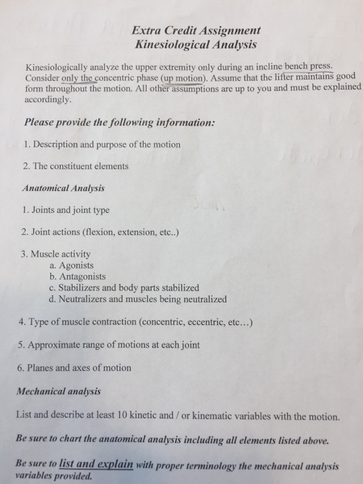 Solved Extra Credit Assignment Kinesiological Analysis | Chegg.com