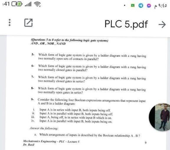 Solved 241 9:45 م : PLC 5.pdf → Questions 5 to 8 refer to | Chegg.com
